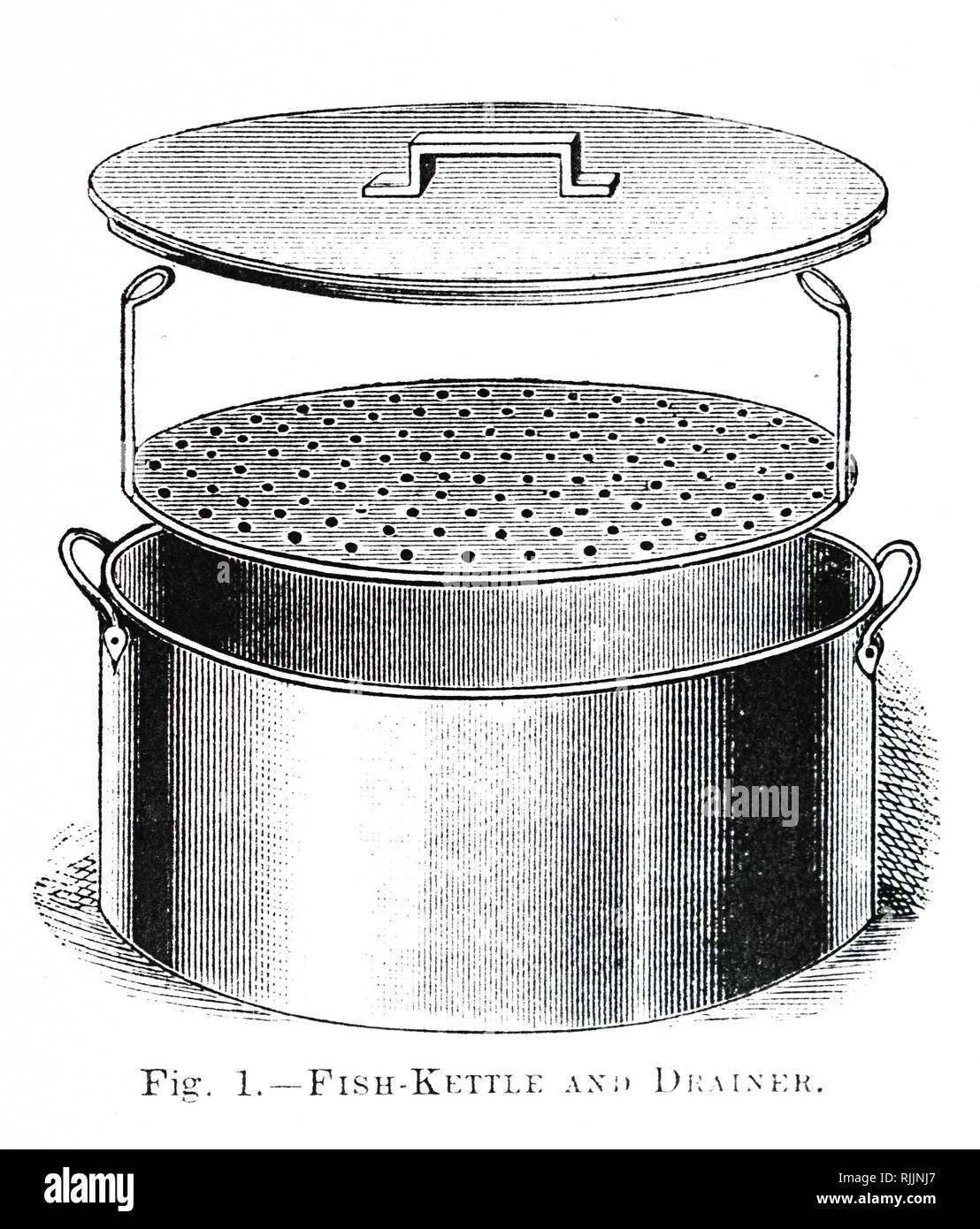 An engraving depicting a fish kettle and drainer. Dated 20th century ...