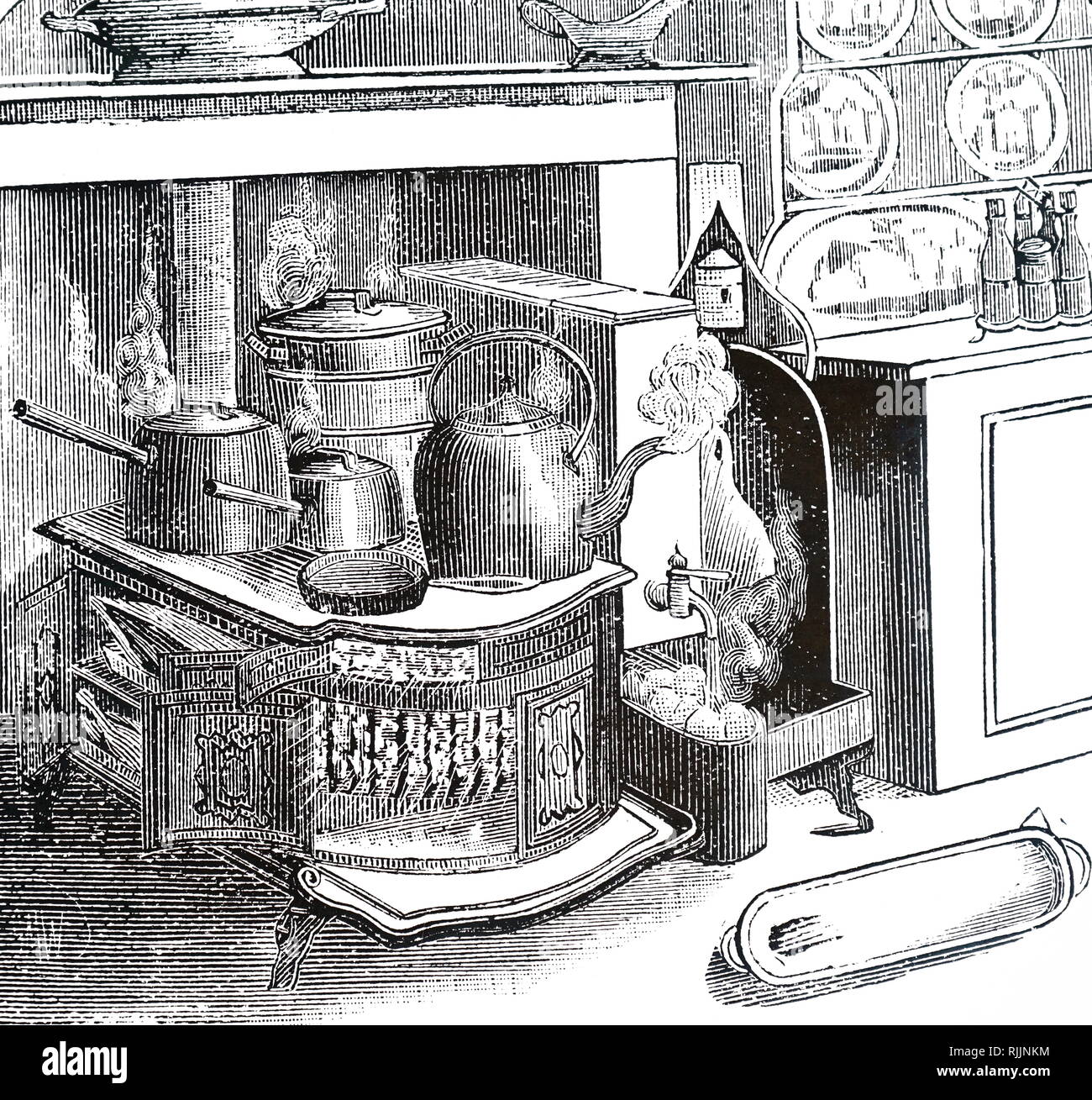 An engraving depicting a kitchen fitted with a 'box' stove ...