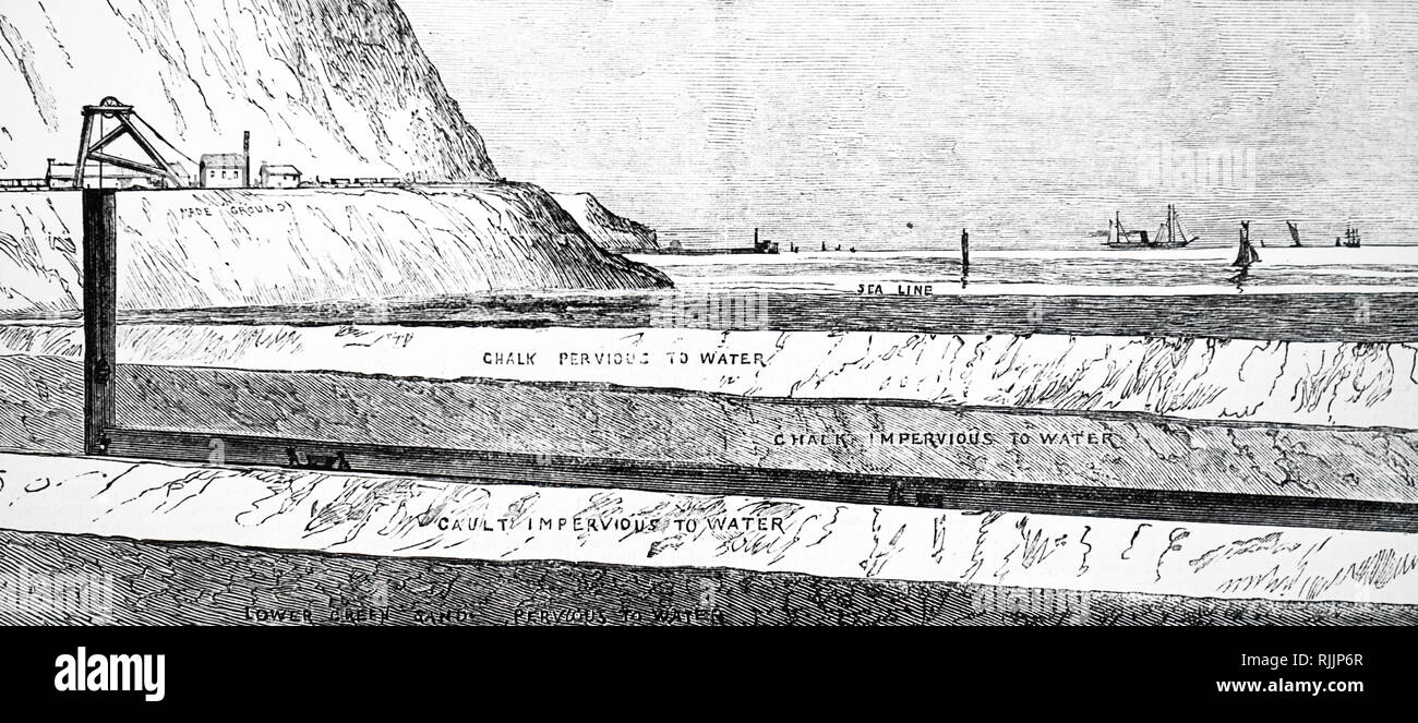 An engraving depicting a sectional view of the seabed of the English ...