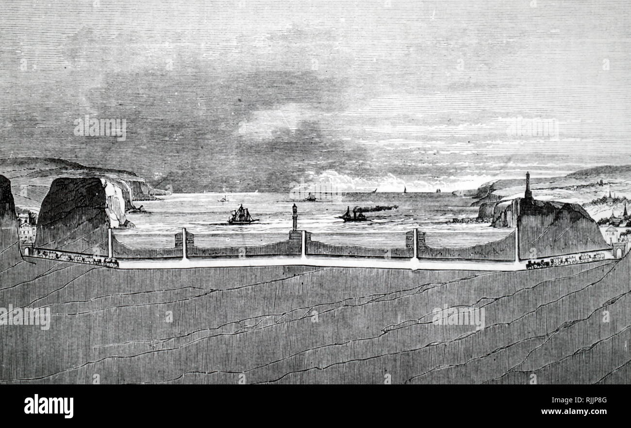 An engraving depicting a cross-section of the proposed Channel Tunnel ...
