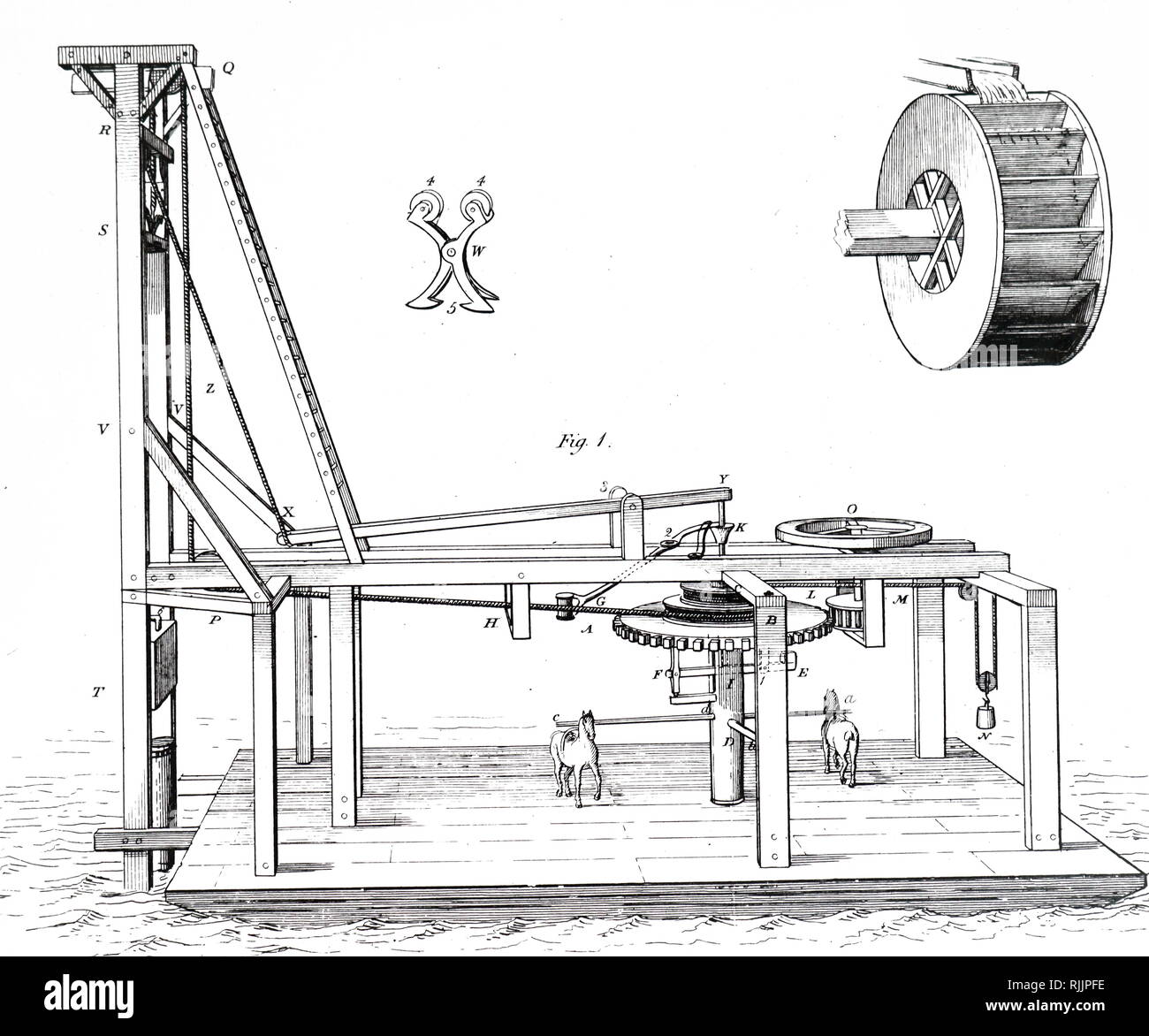 An engraving depicting a pile driver used during the building of ...