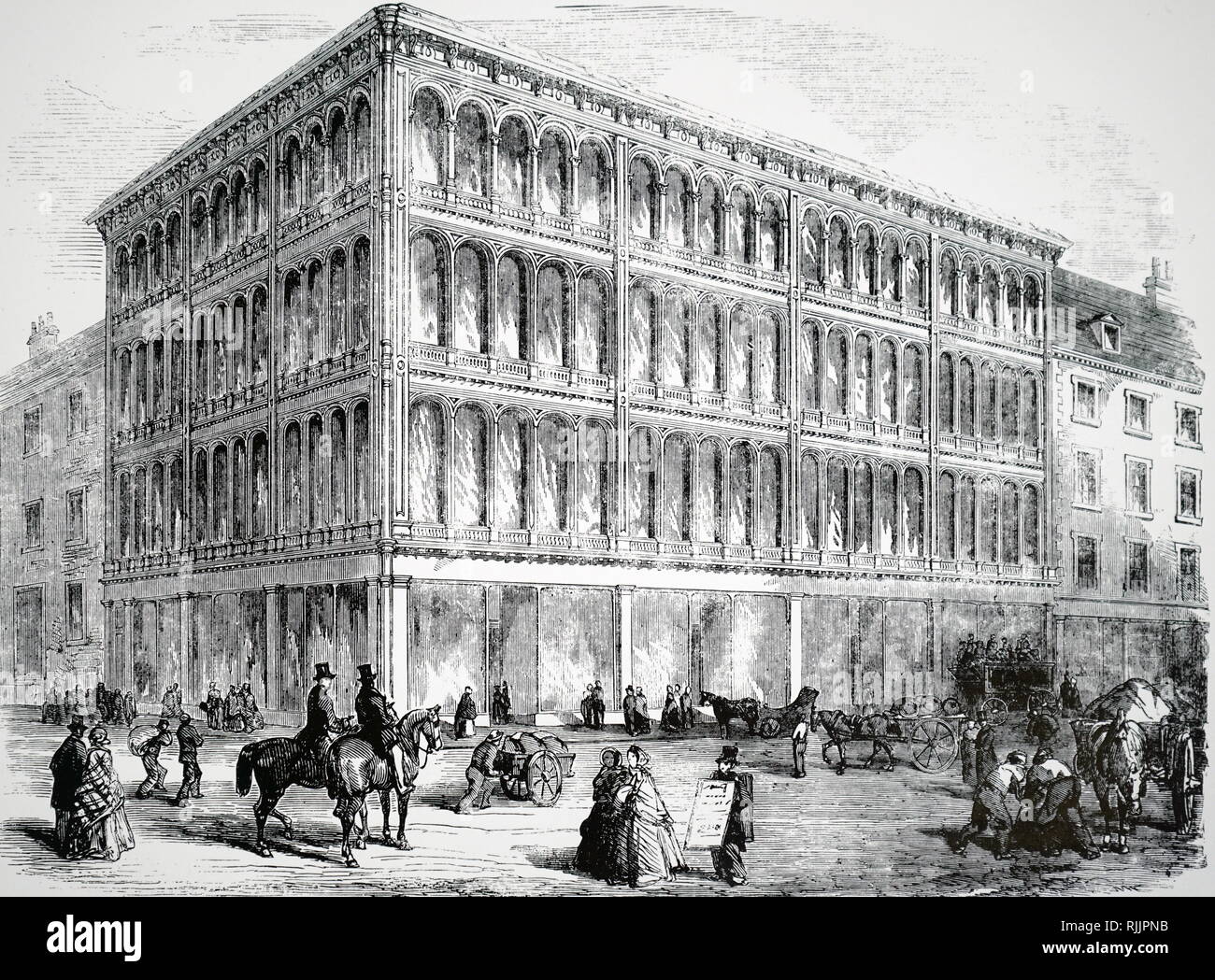 An engraving depicting the Gardiners Building, Glasgow, erected in 1855 ...
