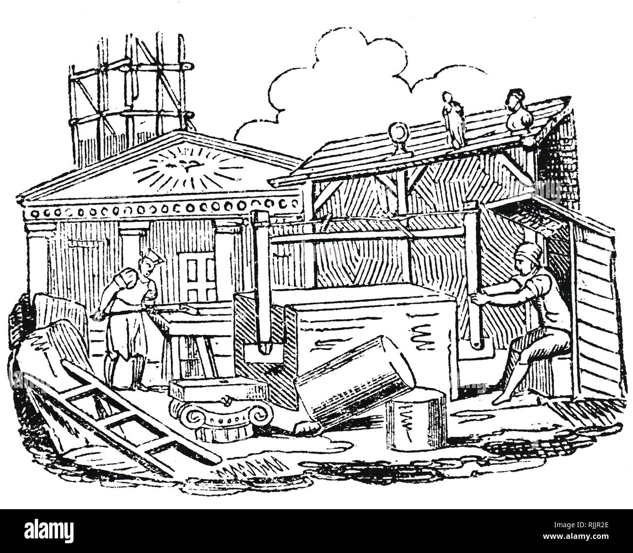 An engraving depicting a stone mason's yard. Dated 19th century Stock ...