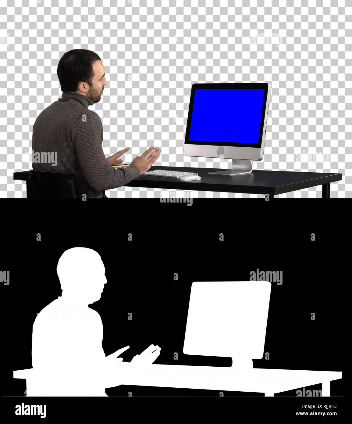 Young business man making video call on his computer, Alpha Channel ...