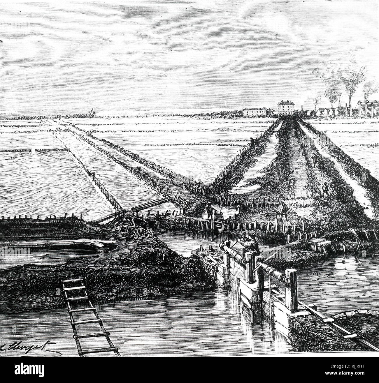 An engraving depicting sluices and salt pans at the salt works in ...