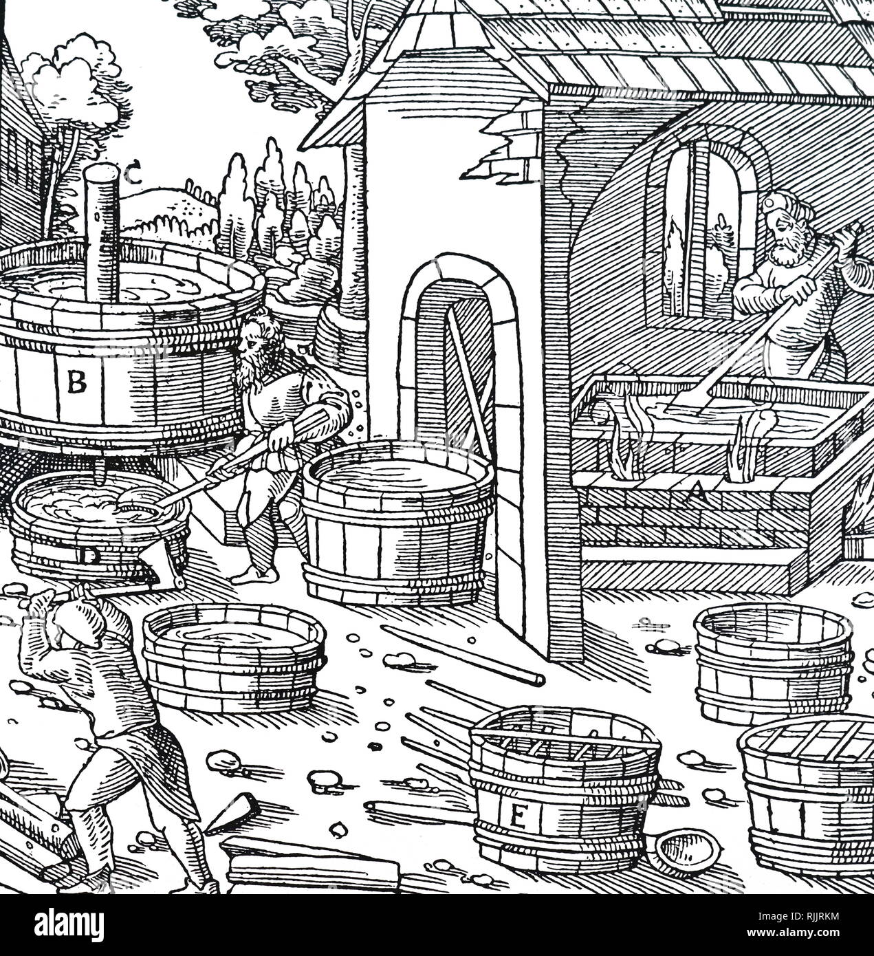 A woodcut engraving depicting the production of saltpetre layers of ...