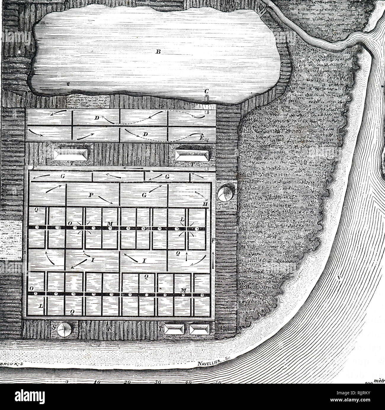 An engraving depicting a salt pan used to evaporate sea water to obtain ...