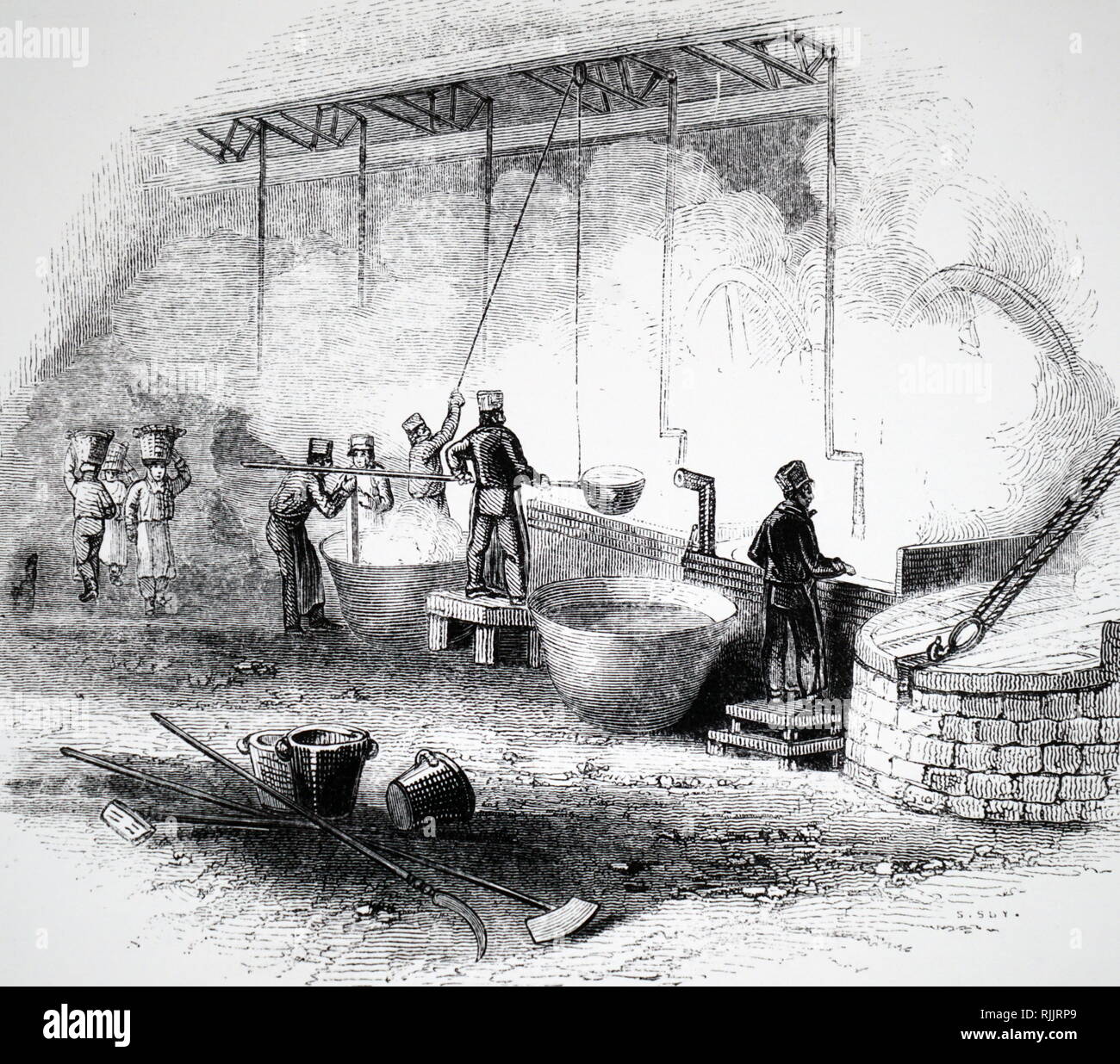 An engraving depicting soap boilers at work at B. T. & W. Hawes Soap ...