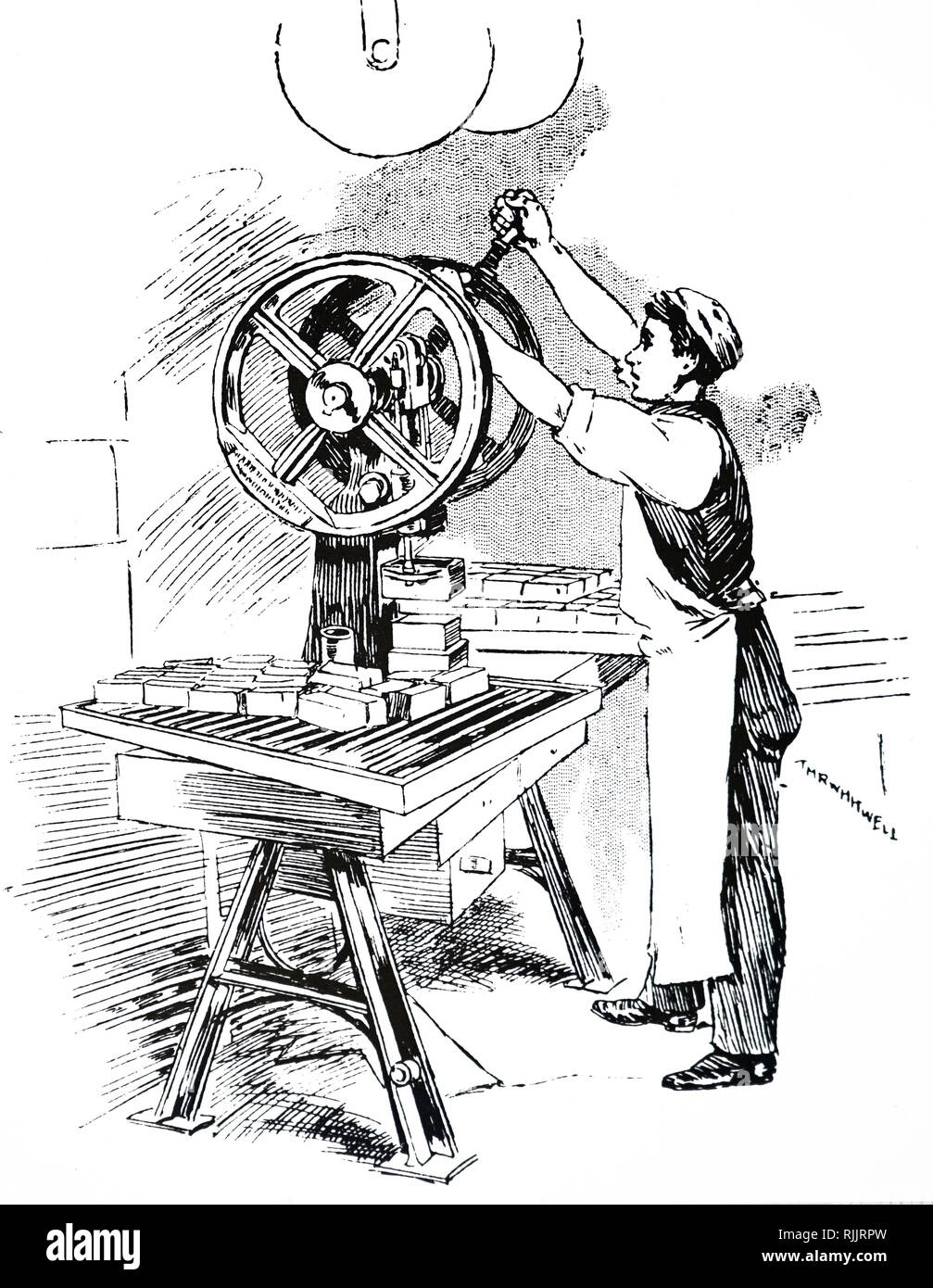 An engraving depicting the process of stamping out tablets of soap at ...