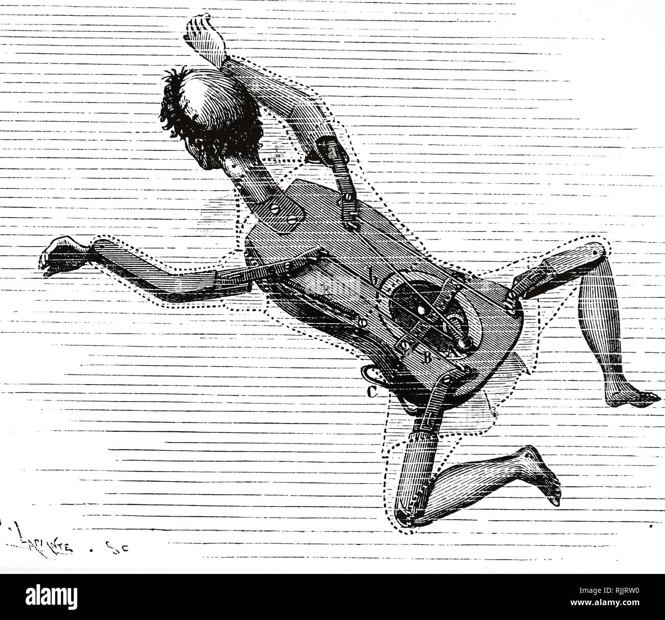 An engraving depicting a clockwork swimming doll, showing the mechanism ...