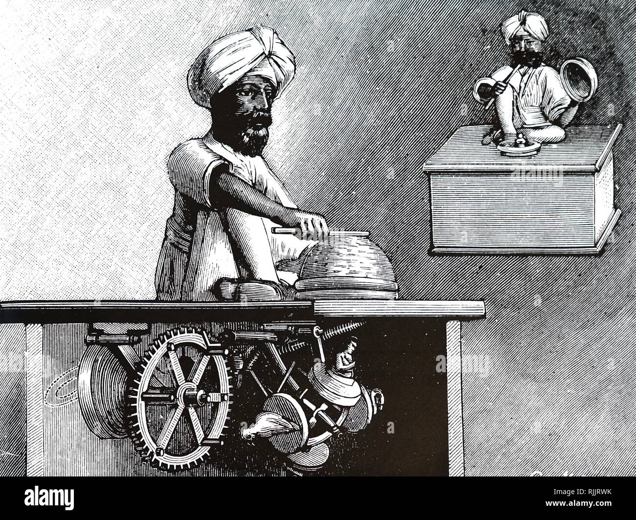 An engraving depicting a clockwork-driven Indian magician. The magician ...