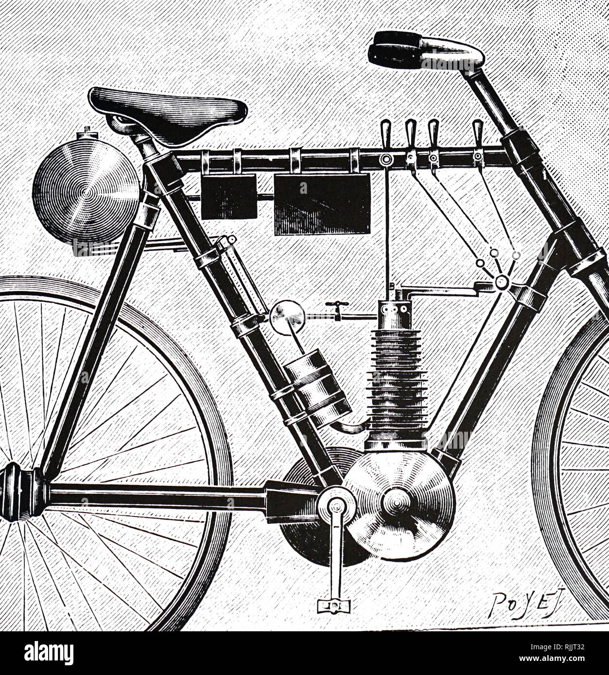 An engraving depicting the Petrolette Omega motorcycle with a petrol ...