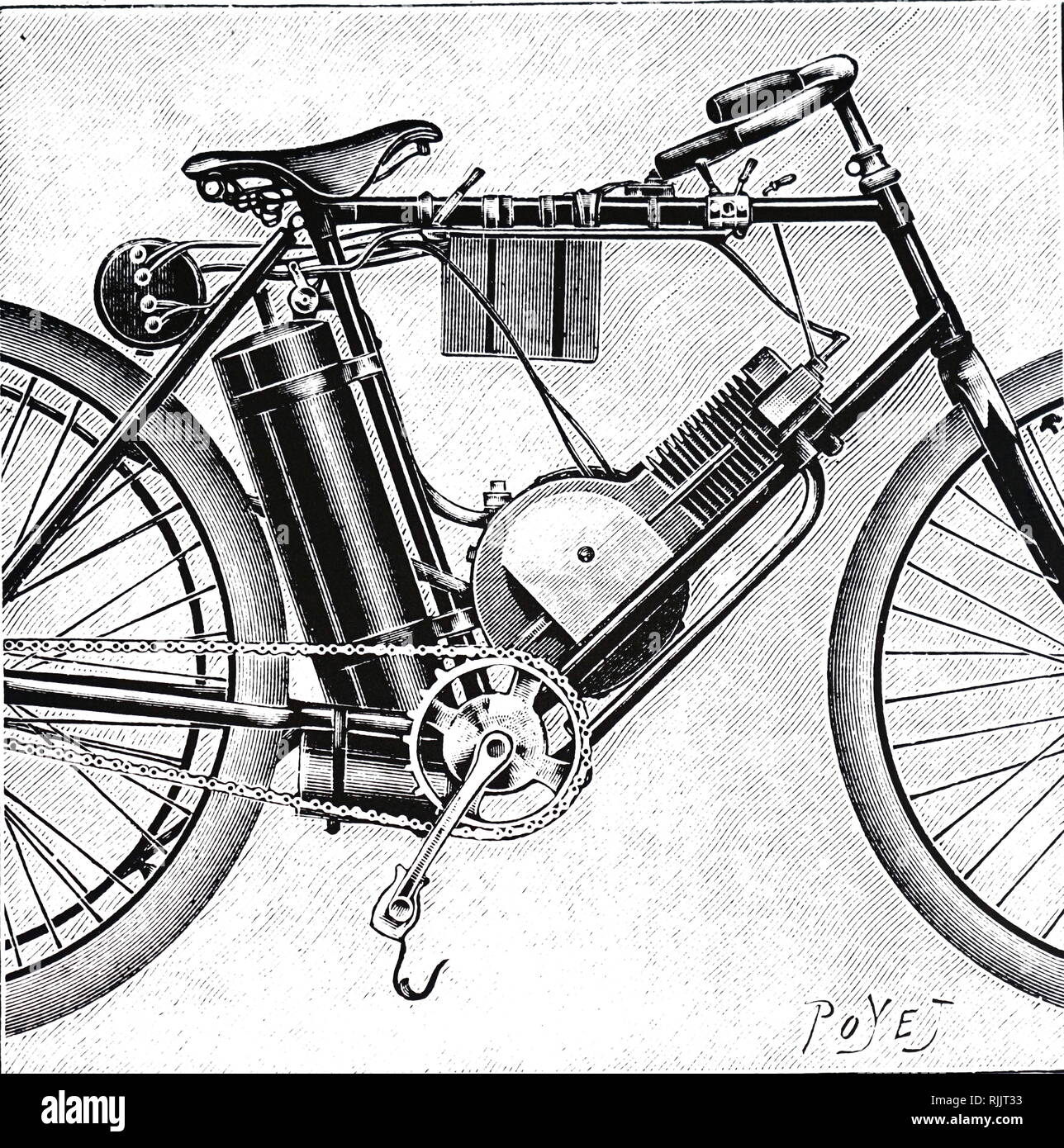An engraving depicting a Bouilly's motorcycle with a Dion Bouton 1. 75 ...