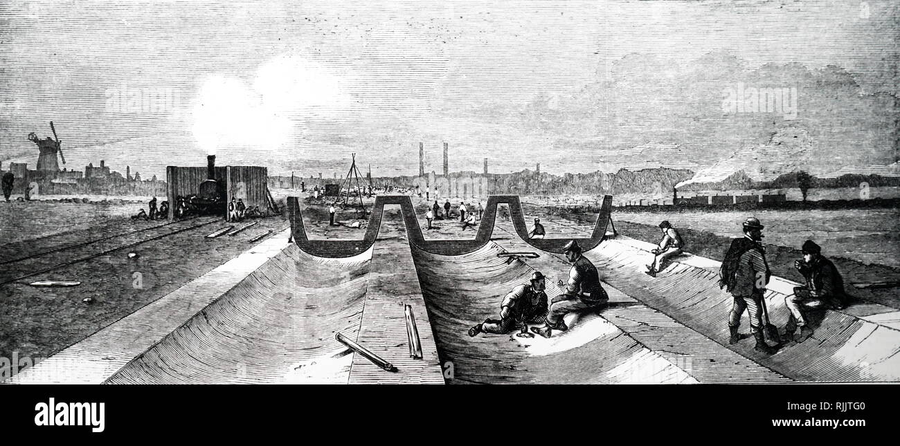An engraving depicting the construction of the northern outfall tunnels ...