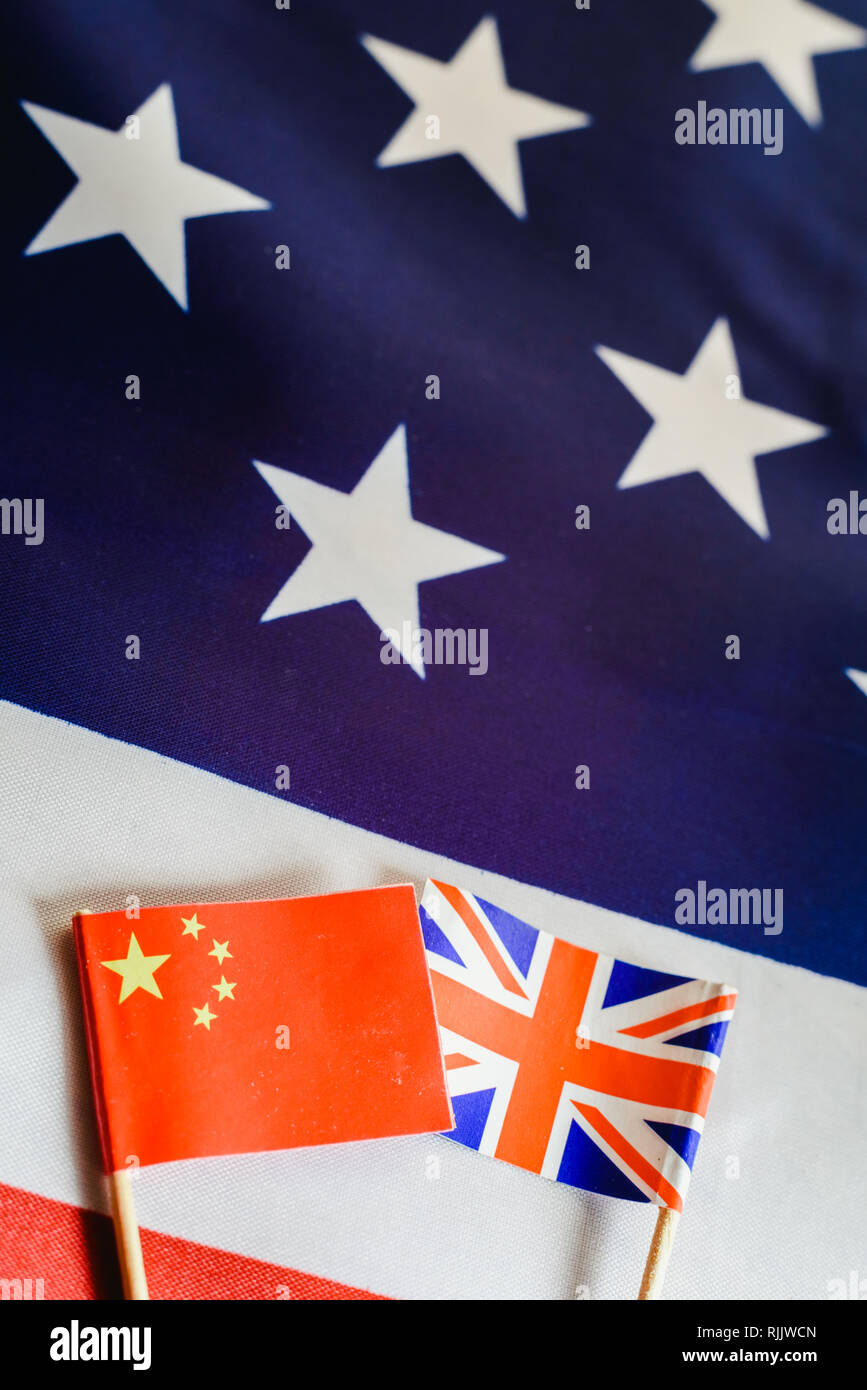 Flags of China and United Kingdom on great American flag, allied world ...