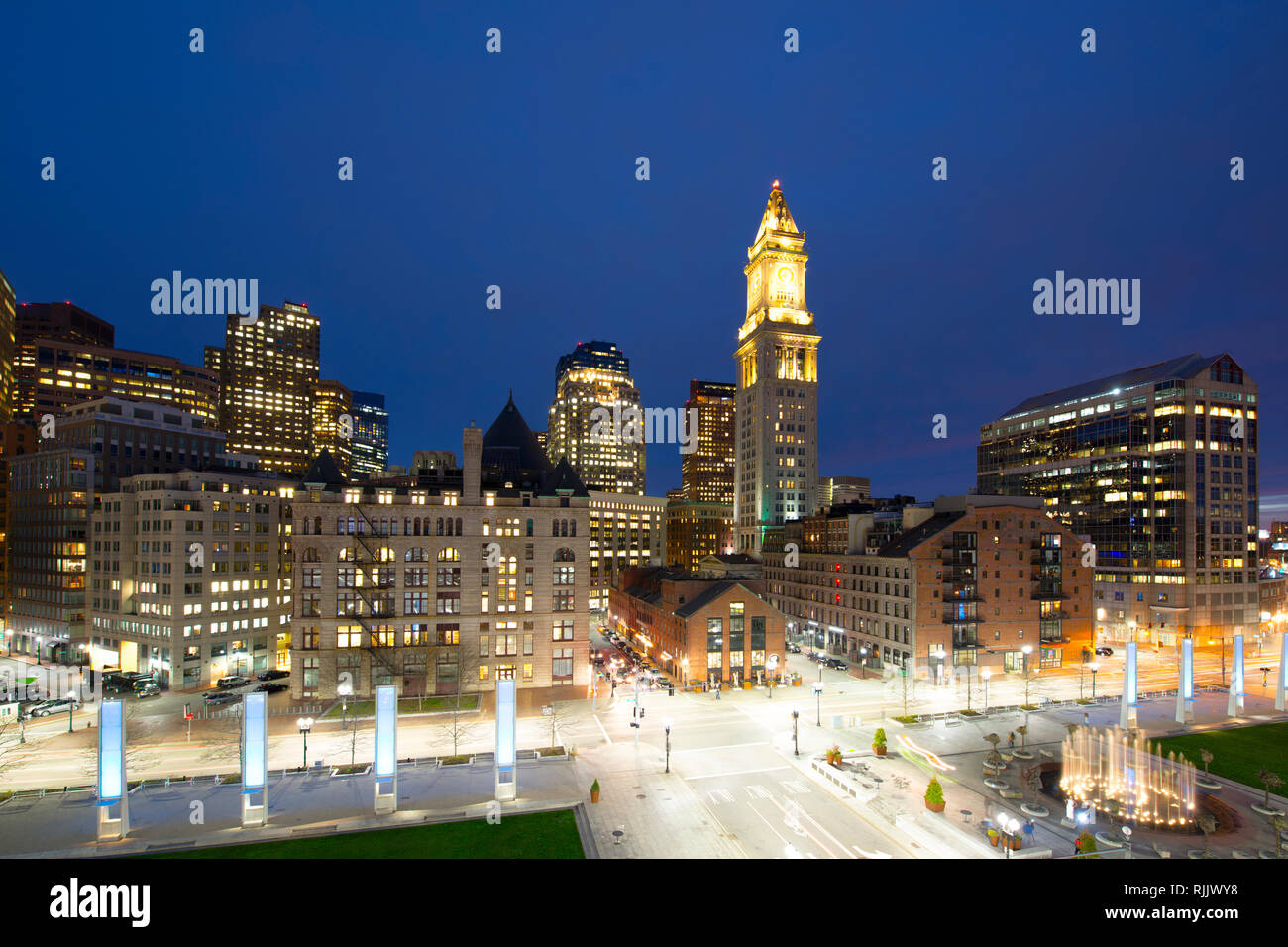 Boston Custom House and Financial District skyline at night, Boston ...