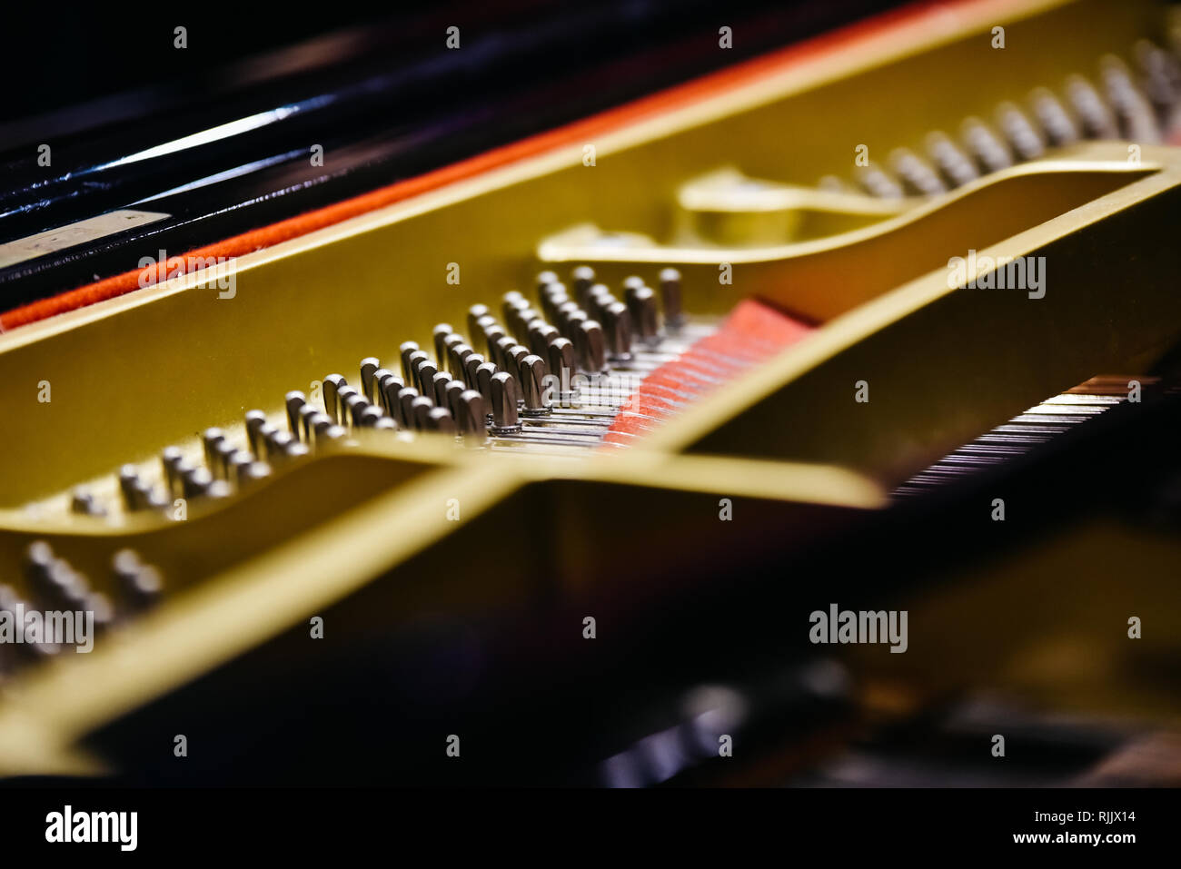 Detail of the interior of a piano with the soundboard, strings and pins ...