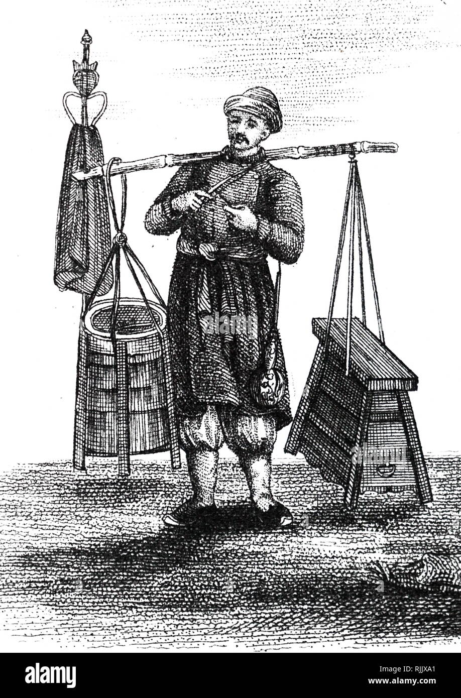 An engraving depicting a Chinese barber sharpening his razor. Dated ...