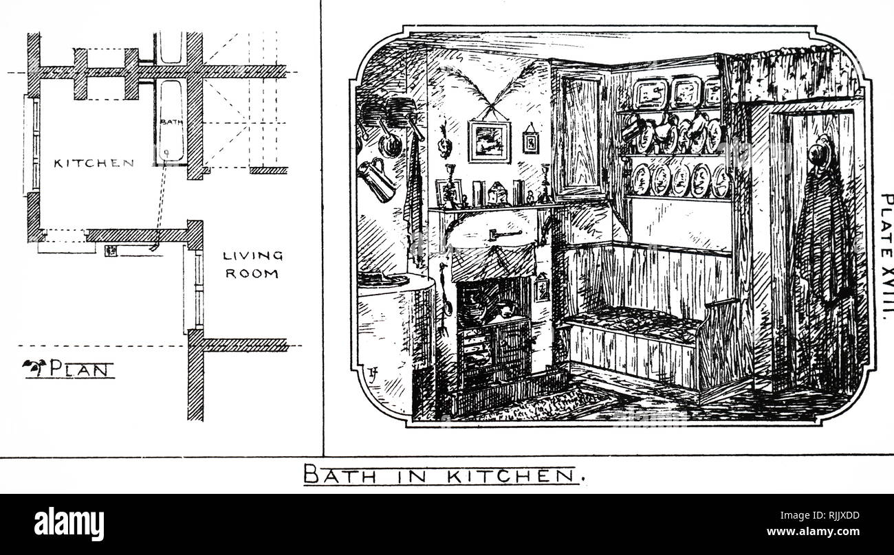 An engraving depicting a kitchen, which will be fitted with a bath, in ...