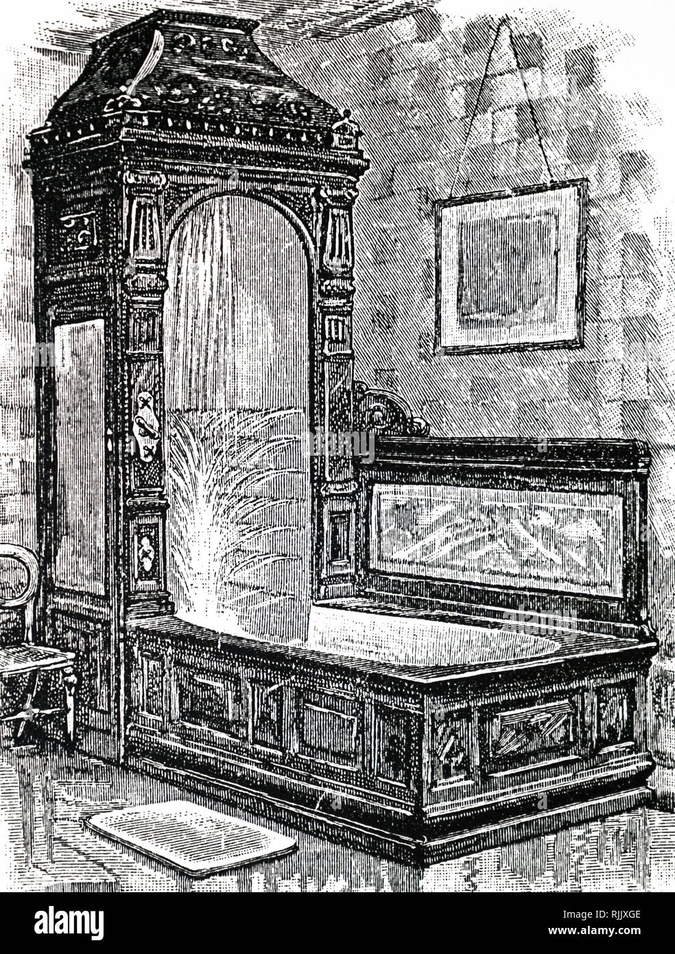 An engraving depicting a bedroom washbasin and ewer. The bath was ...