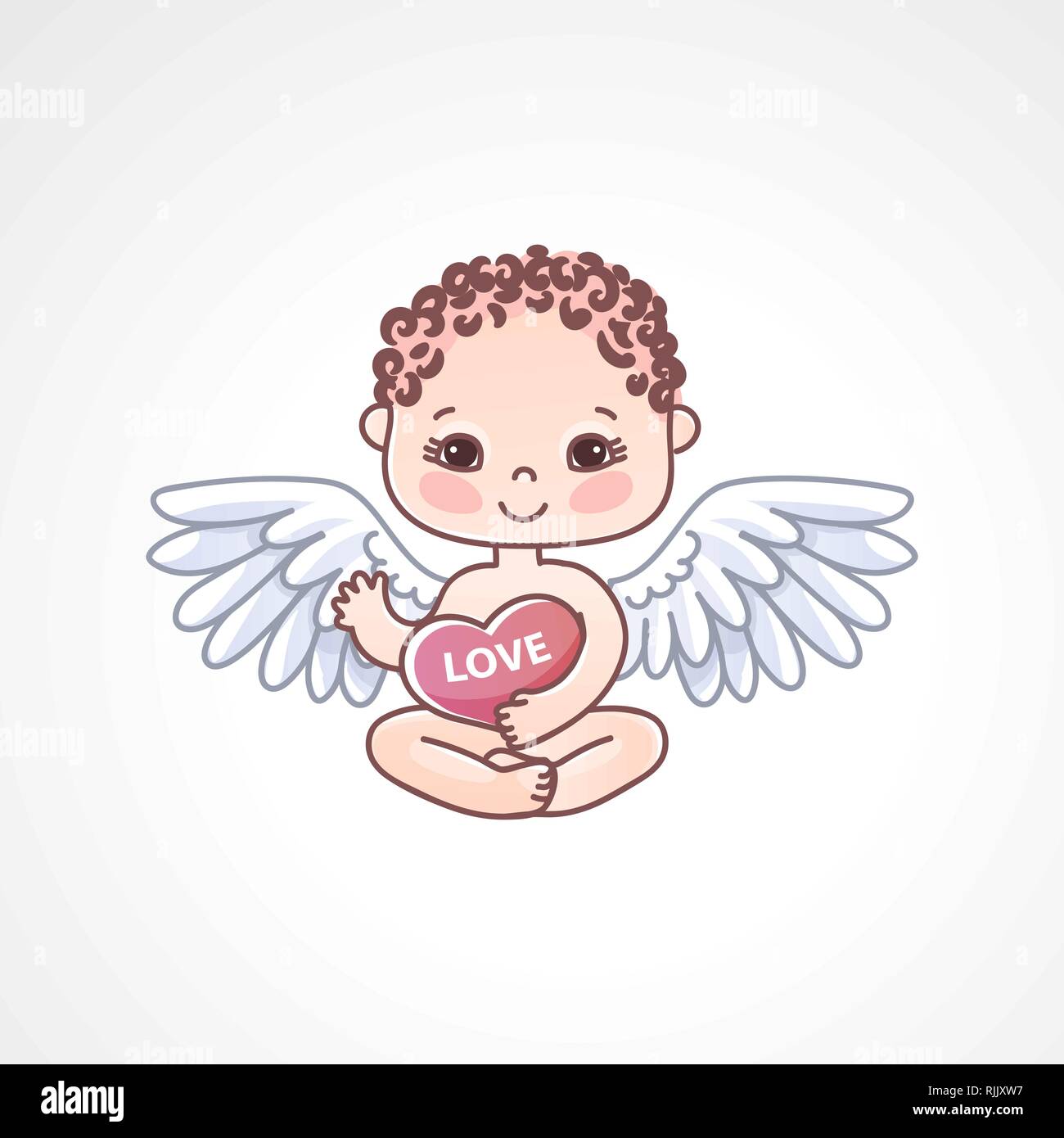 Angel baby with heart in hands on a white background. Greeting card for ...