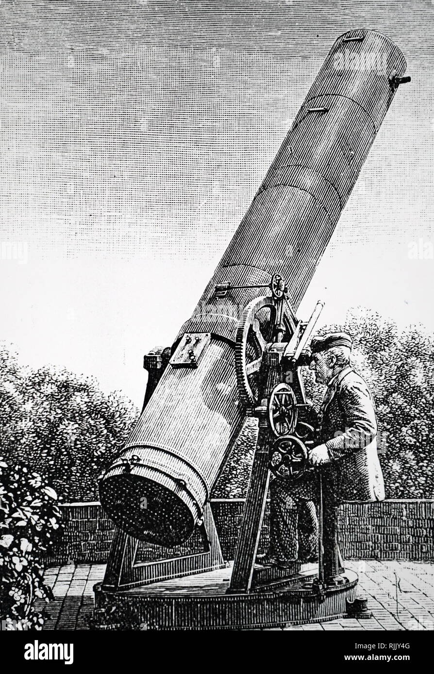 An engraving depicting James Nasmyth's 20-inch refractor, the base of ...