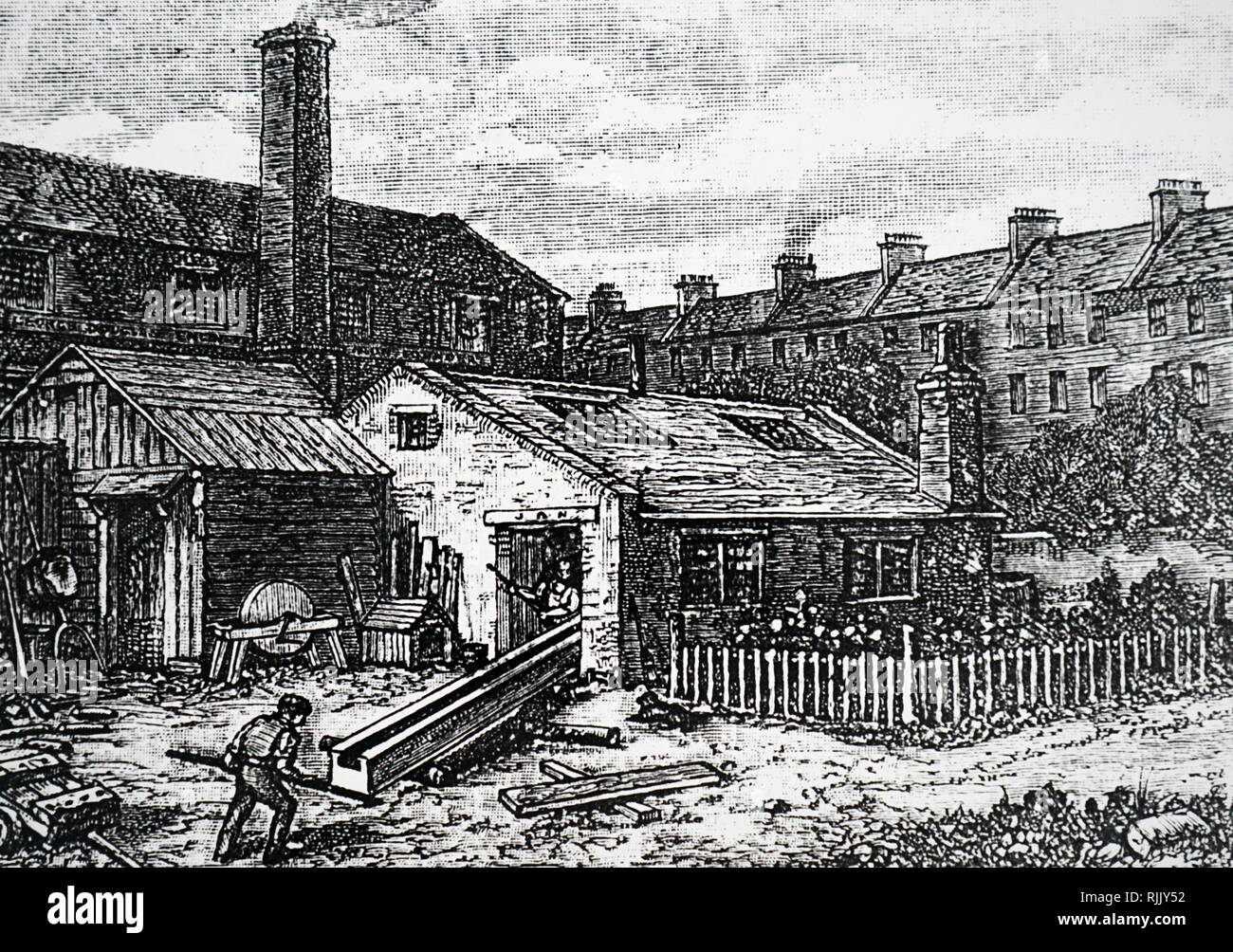 An engraving depicting James Nasmyth's temporary workshop at Old ...