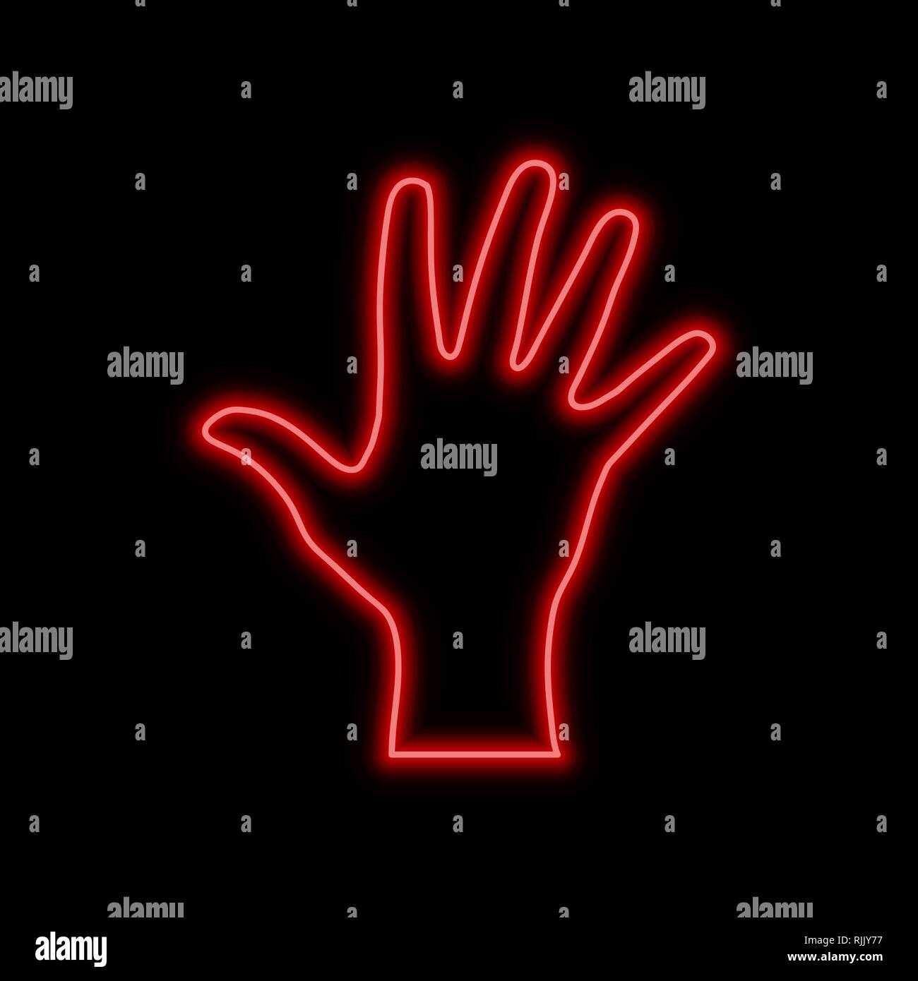 Open hand, palm neon sign. Bright glowing symbol on a black background ...