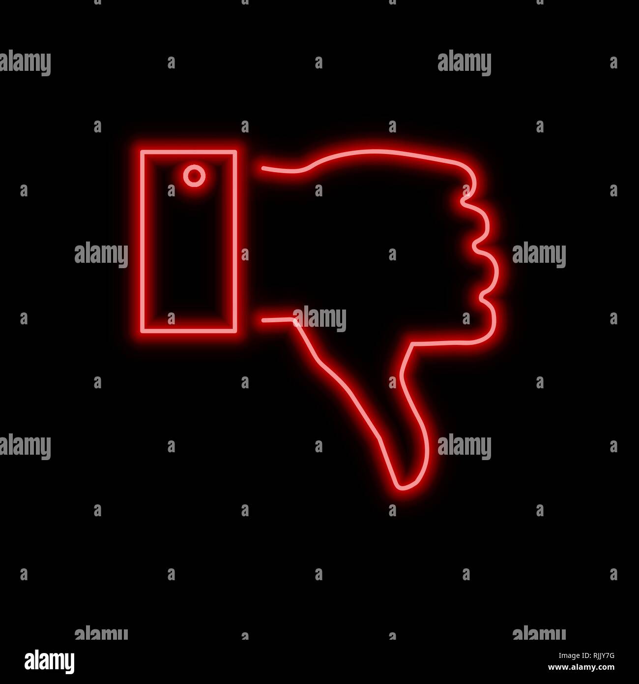 Thumb down, hand dislike sign. Bright glowing symbol on a black ...