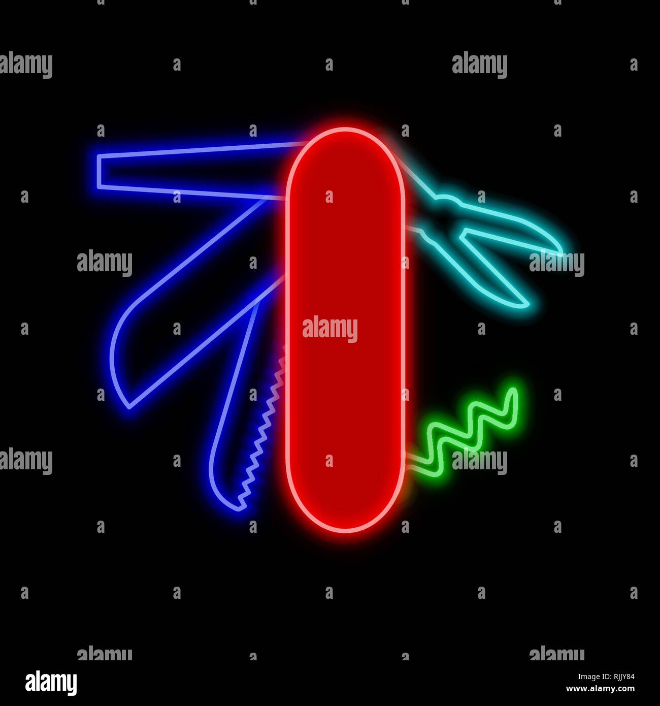 Multifunctional knife, multitool neon sign. Bright glowing symbol on a ...