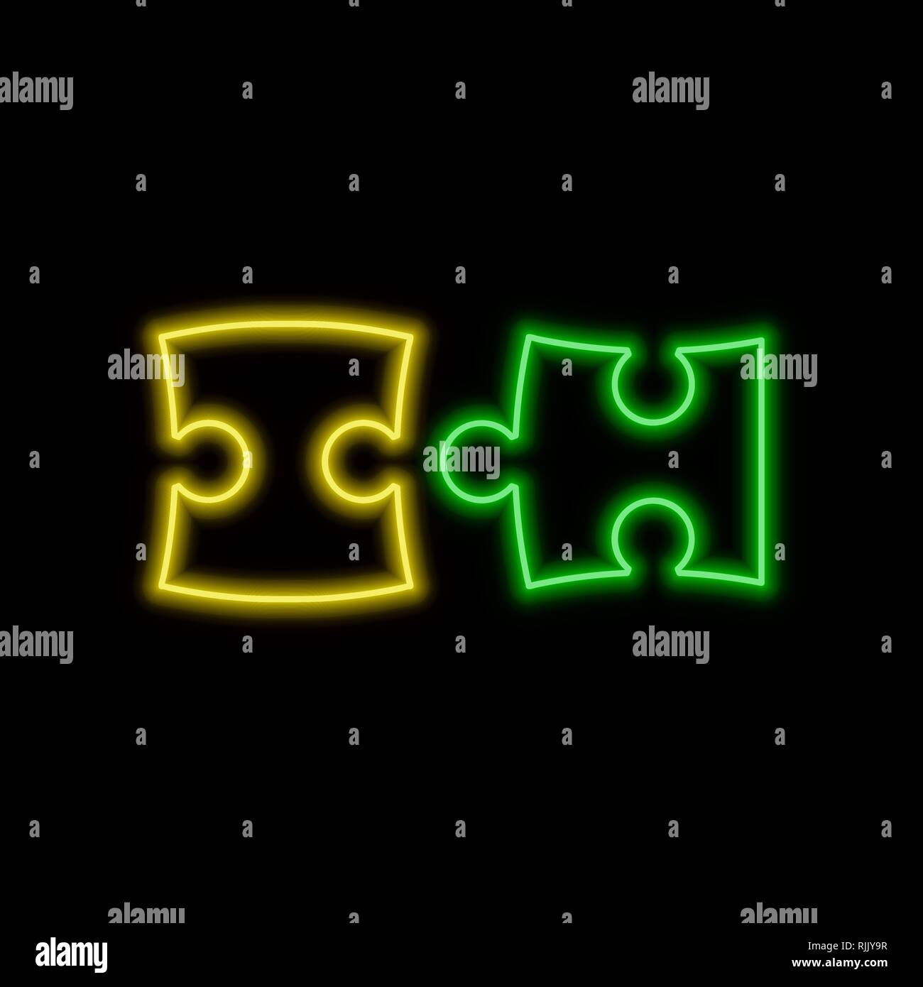 Matching puzzle neon sign. Bright glowing symbol on a black background ...
