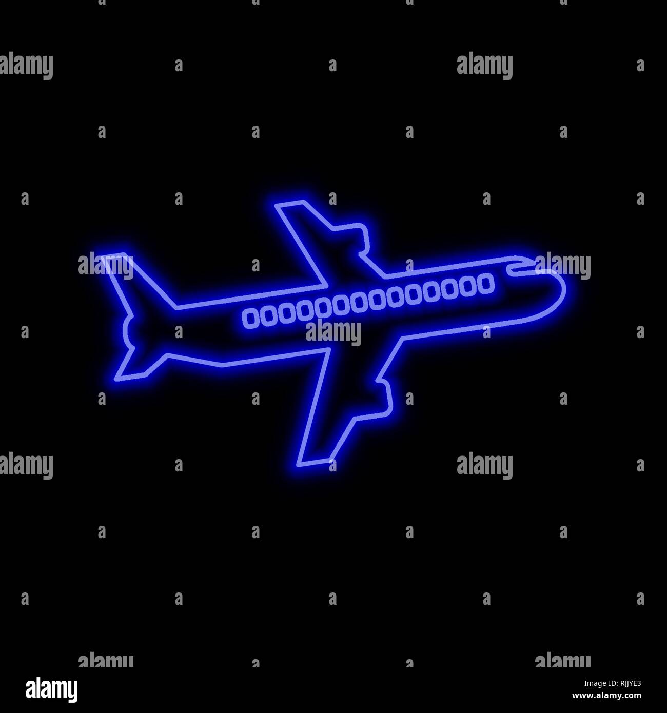 Flying passenger airplane, airliner neon sign. Bright glowing symbol on ...