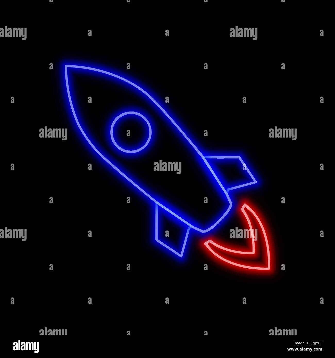 Fying rocket neon sign. Bright glowing symbol on a black background ...