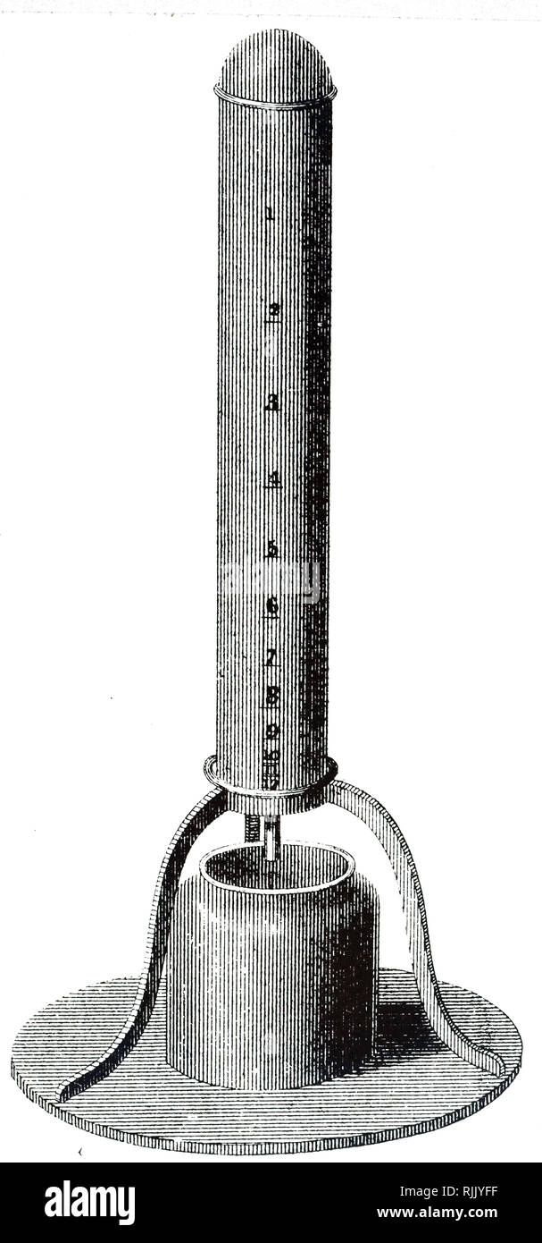 An engraving depicting a simple water clock: the glass vessel is filled ...