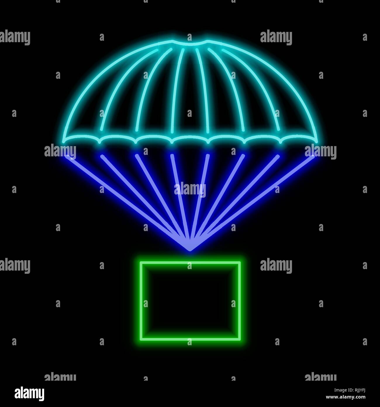 Parcel flying on parachute neon sign. Bright glowing symbol on a black ...