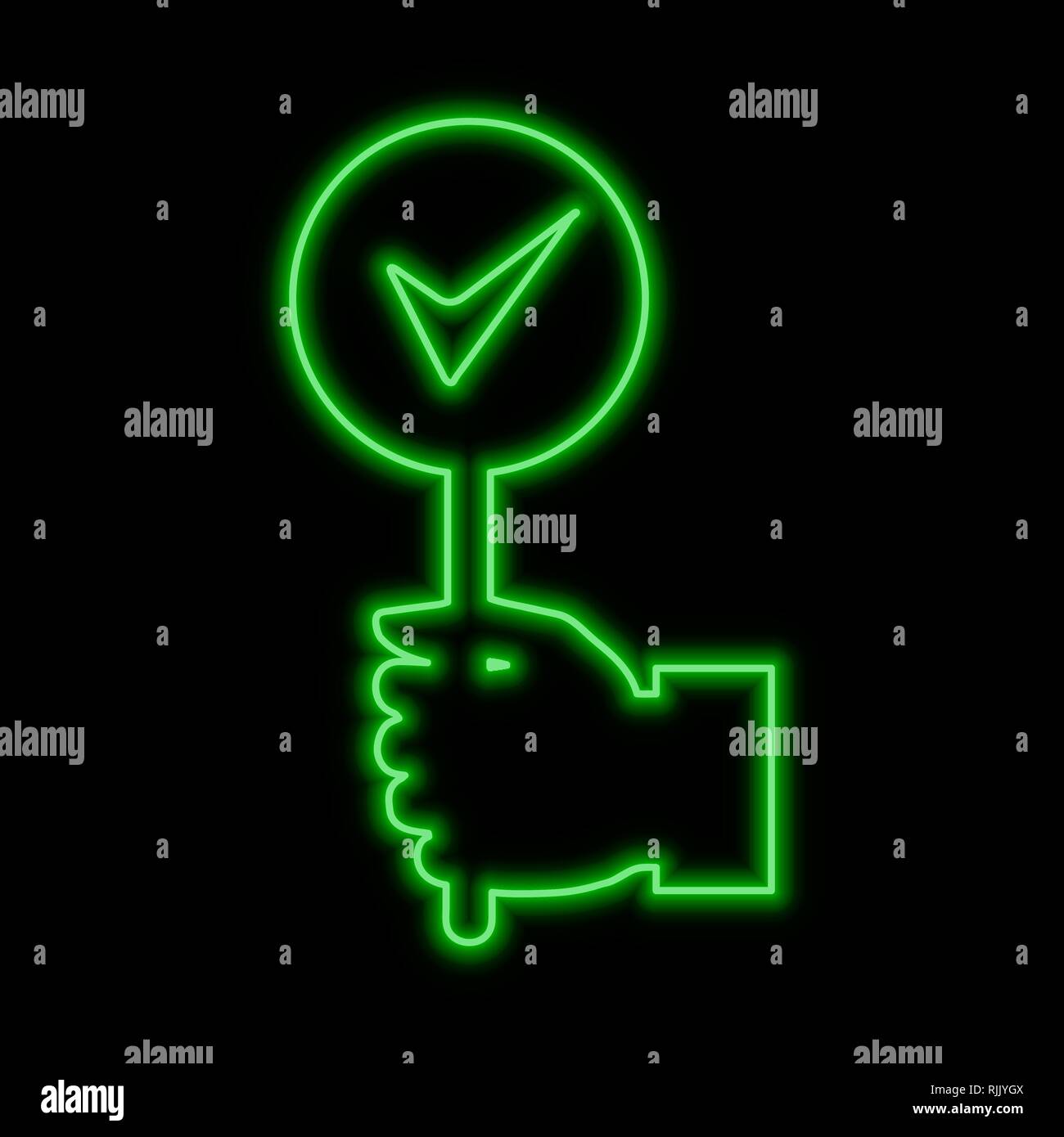 Hand with approve sign. Success concept neon sign. Bright glowing ...