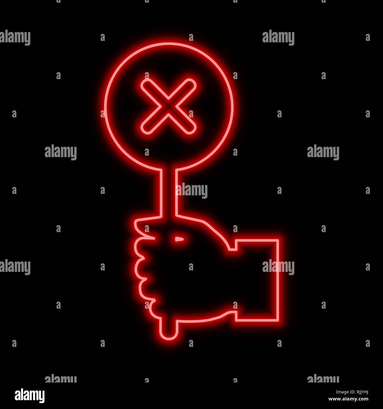 Hand with reject sign. Failure concept neon sign. Bright glowing symbol ...