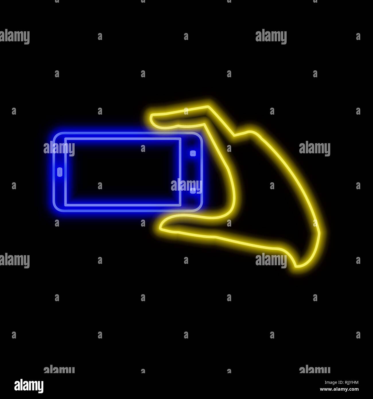Hand with smartphone making photo neon sign. Bright glowing symbol on a ...
