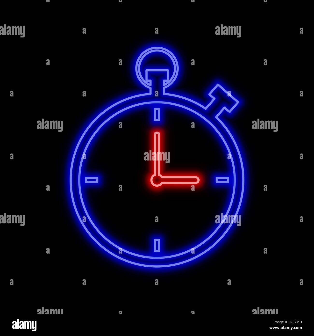 Stopwatch neon sign. Bright glowing symbol on a black background. Neon ...