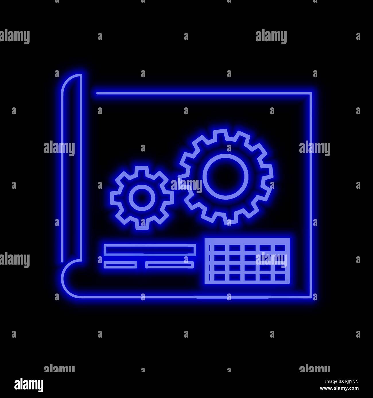 Blueprint neon sign. Bright glowing symbol on a black background. Neon ...