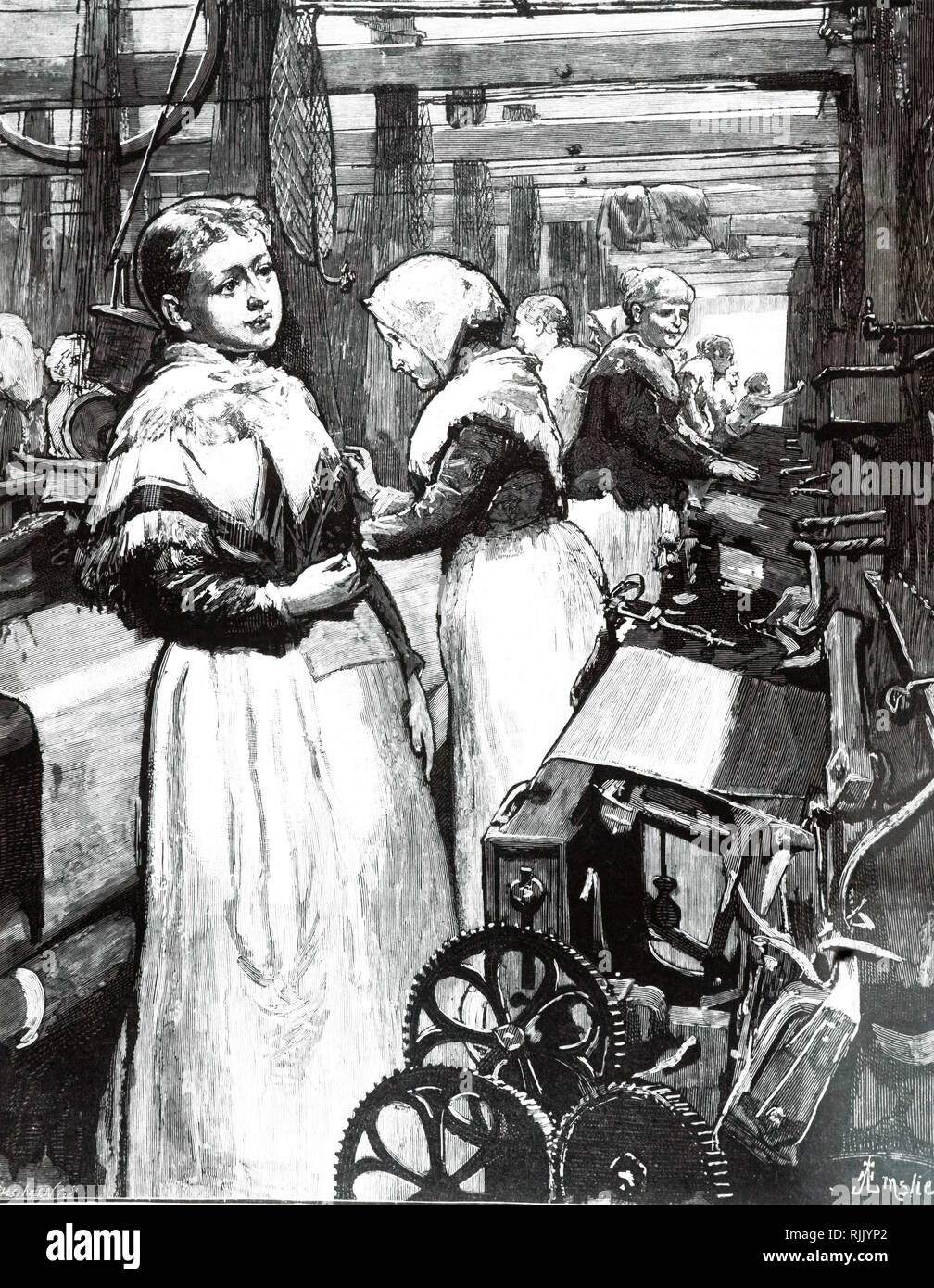 An engraving depicting women operating power looms in a Yorkshire ...