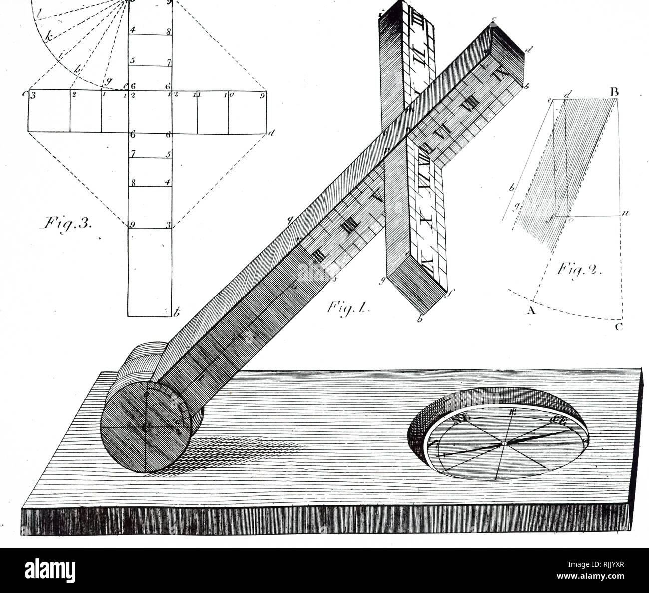 An engraving depicting a universal dial in the shape of a cross. Dated ...
