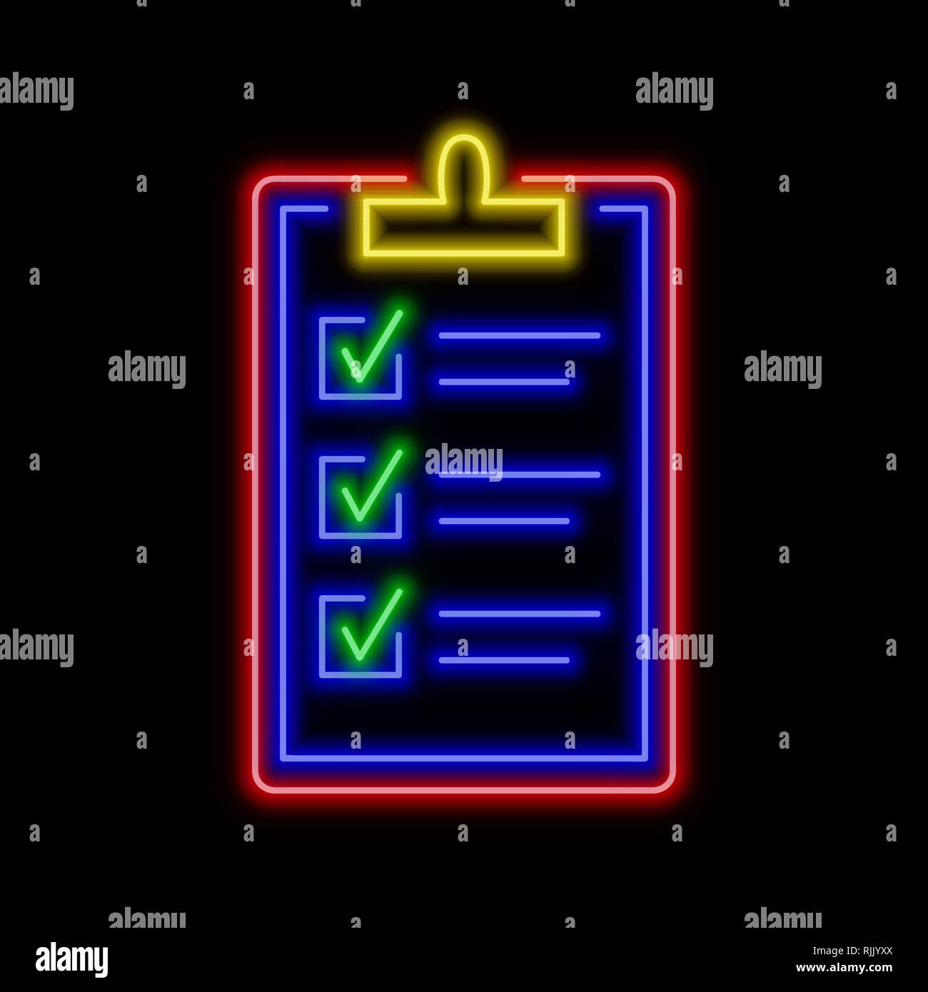 Clipboard with all checked boxes neon sign. Bright glowing symbol on a ...