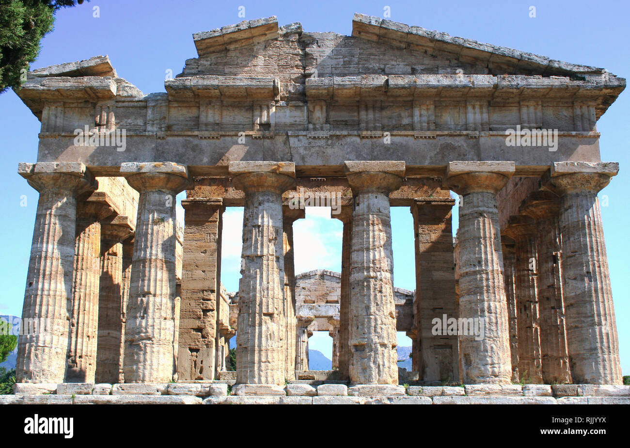 The temple of Neptune or Hera II, in the archaelogical site of Paestum ...