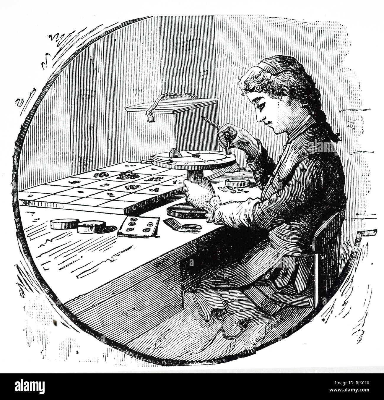 An engraving depicting a young woman gauging watch springs for the ...