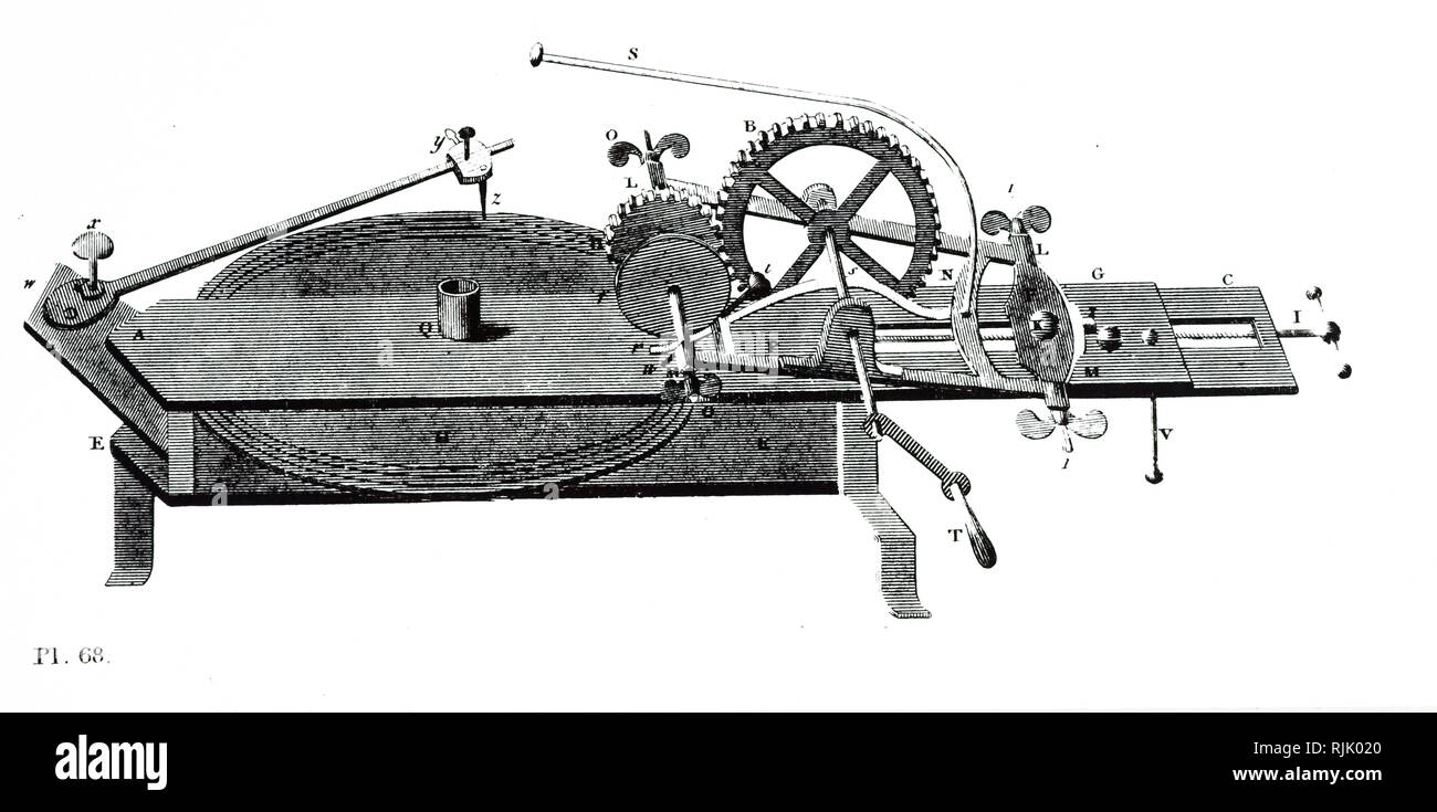 An engraving depicting an engine used for cutting teeth of clock wheels ...