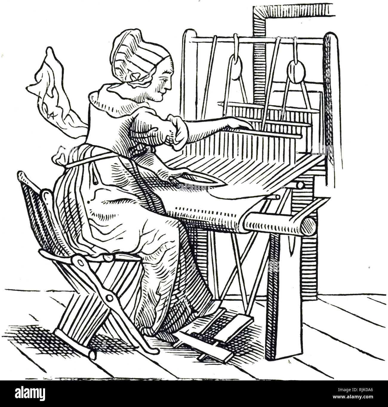 A woodcut engraving depicting a woman weaving. Woodcut by Hans Holbein ...