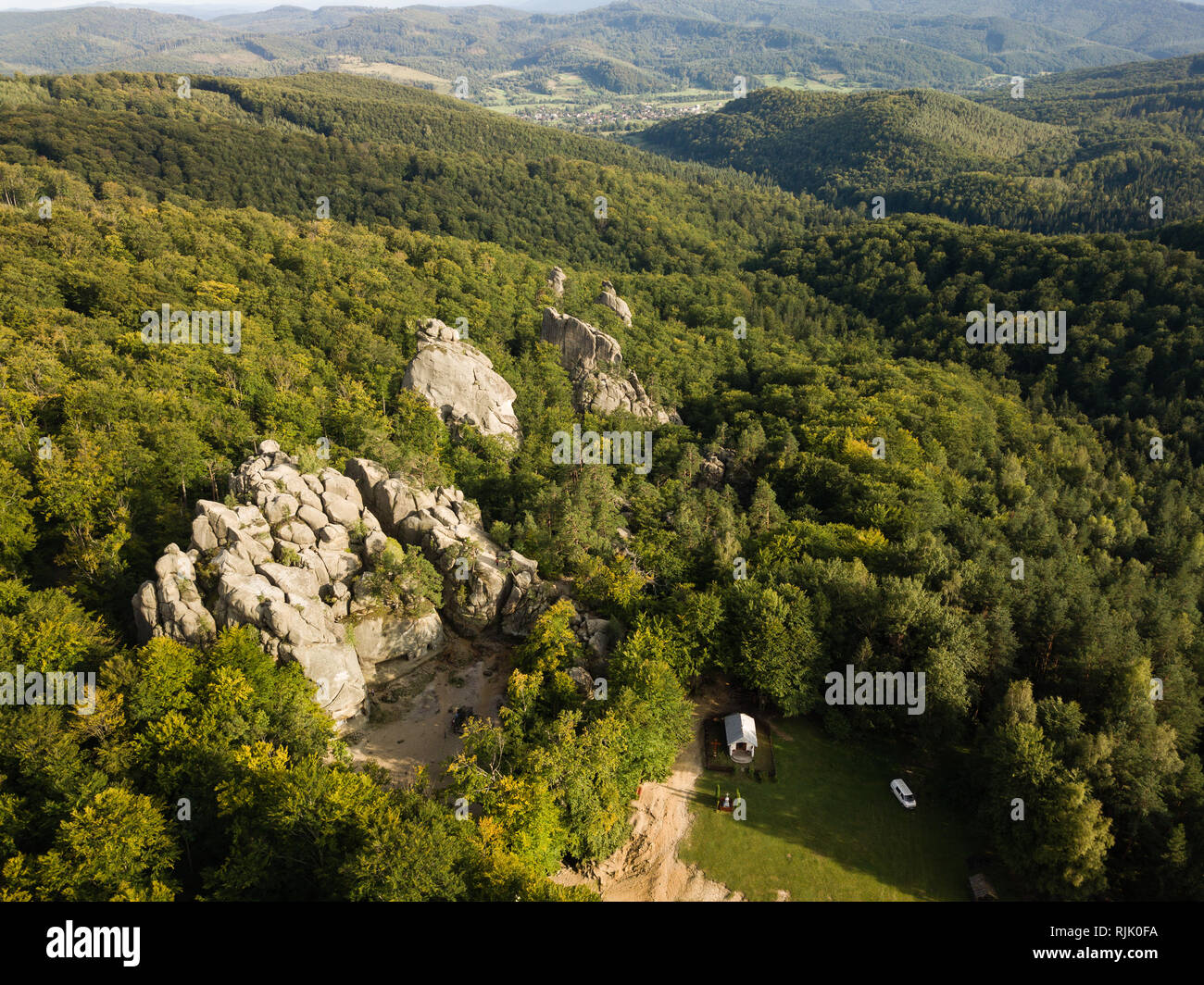 Aerial view to Dovbush Rocks in Bubnyshche - a legendary place, the ...