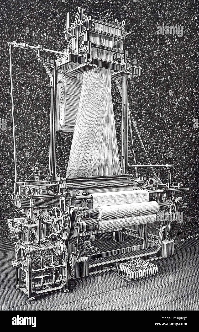 An engraving depicting a Jacquard loom. The Jacquard machine was a ...