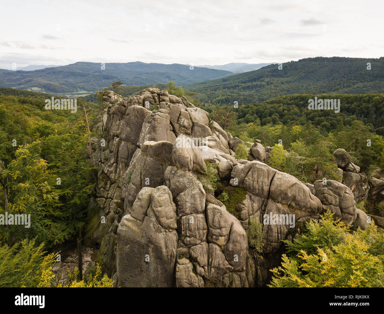 Aerial view to Dovbush Rocks in Bubnyshche - a legendary place, the ...
